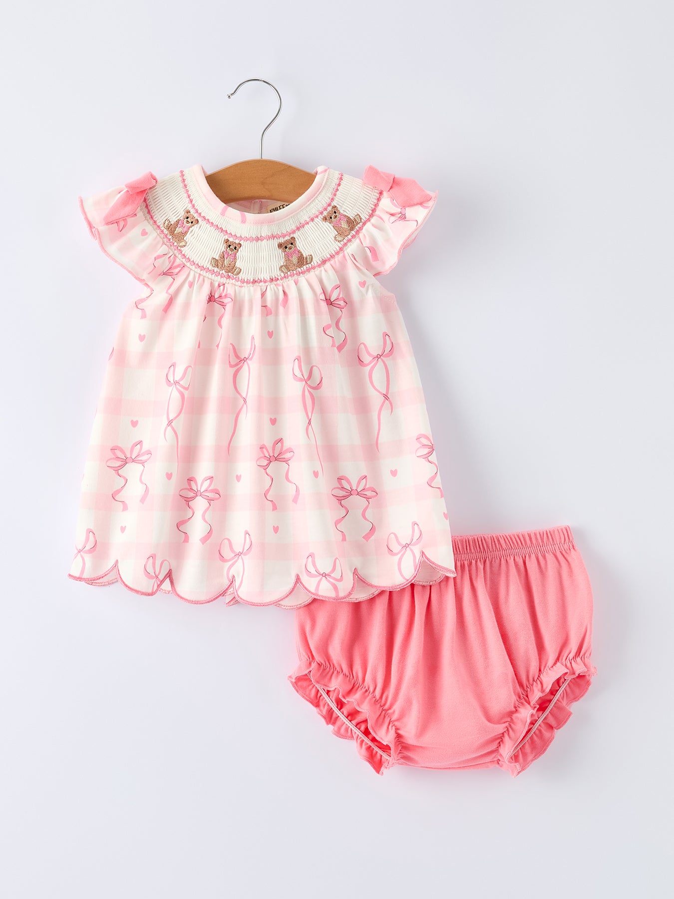 Spring Pink Bow Teddy Smocked Embroidery Baby Girls Bloomers Set ...
