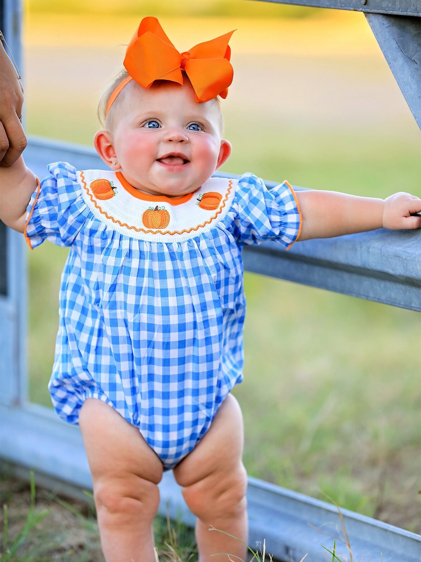 Halloween Bule Girls Woven Smocking Embroidered Plaid Romper – Rylee ...